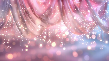A pink and silver curtain with glittery stars hanging from it. The ...