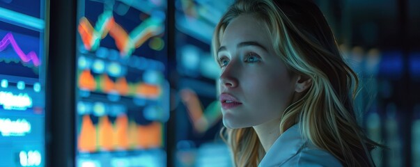 Businesswoman analyzing financial stock data on multiple screens. Free ...