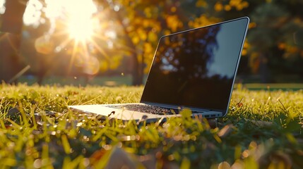 A tiny laptop in the sunlight on the grass very detailed and realistic ...