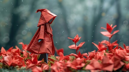 Origami Little Red Riding Hood Amidst Enchanted Forest Foliage
