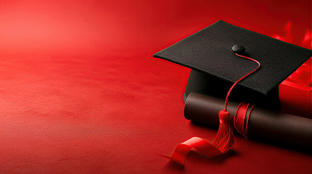 Red And Black Graduation Caps In The Air