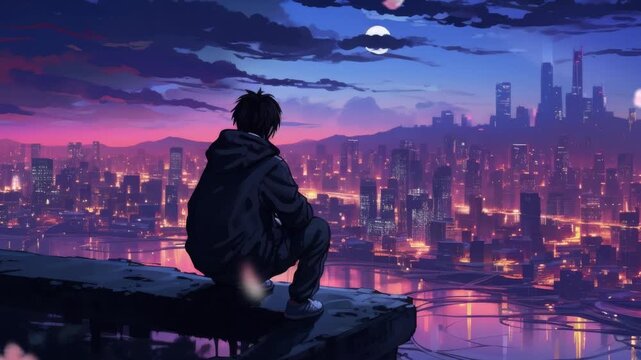 lofi animation anime boy silhouetted against a sunset sky with city lights in the background capturing the transition from evening to night
