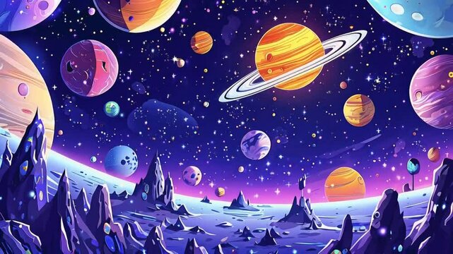 Cartoon Planets And Stars Cartoon Space Illustration. Moon And Earth.