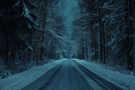 Snowy Road At Night