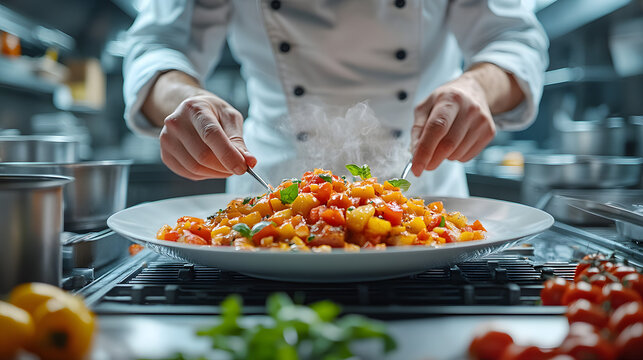 Expert Chef Presenting Exquisite Dish in Professional Kitchen