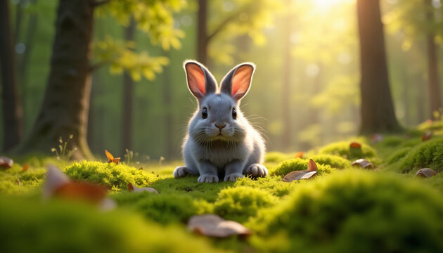 Cute Fluffy Rabbit in Sunlit Forest Clearing