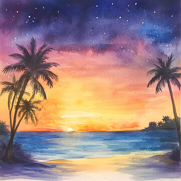 Paintings Of Sunsets With Palm Trees