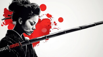 Elegant Warrior Woman Geisha with Katana and Blood Splatter Art printed ...