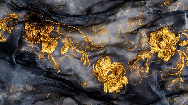 Elegant Gold Embroidery on Sheer Fabric