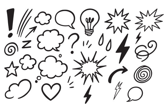 Set Of Black Hand Drawn Anime Manga Doodle Grunge Line Elements Curved ...